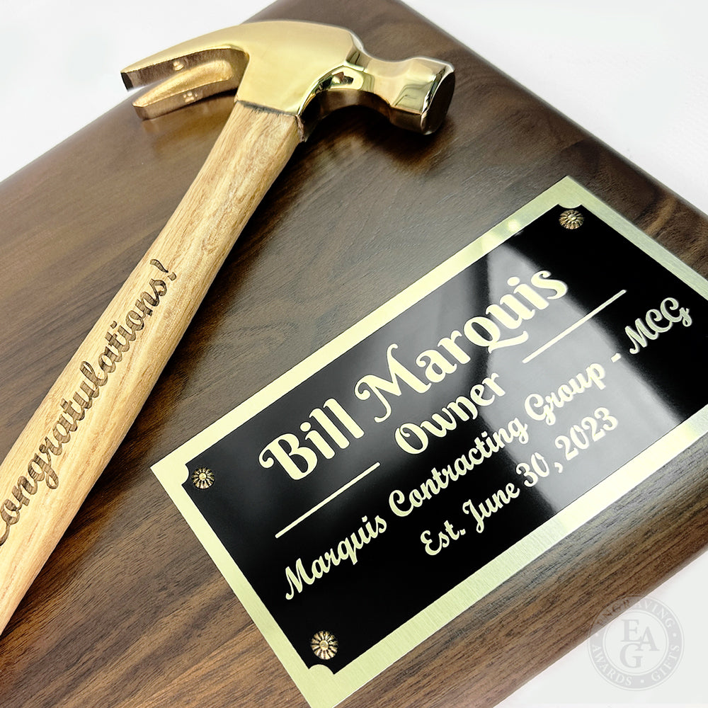Walnut Plaque with Gold Plated Hammer - Engraving, Awards & Gifts