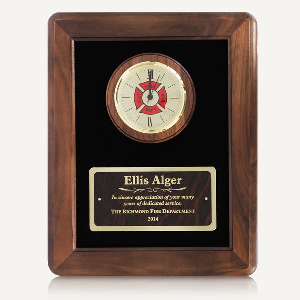 12" x 15" Walnut Firefighter Wall Clock Award - Engraving, Awards & Gifts