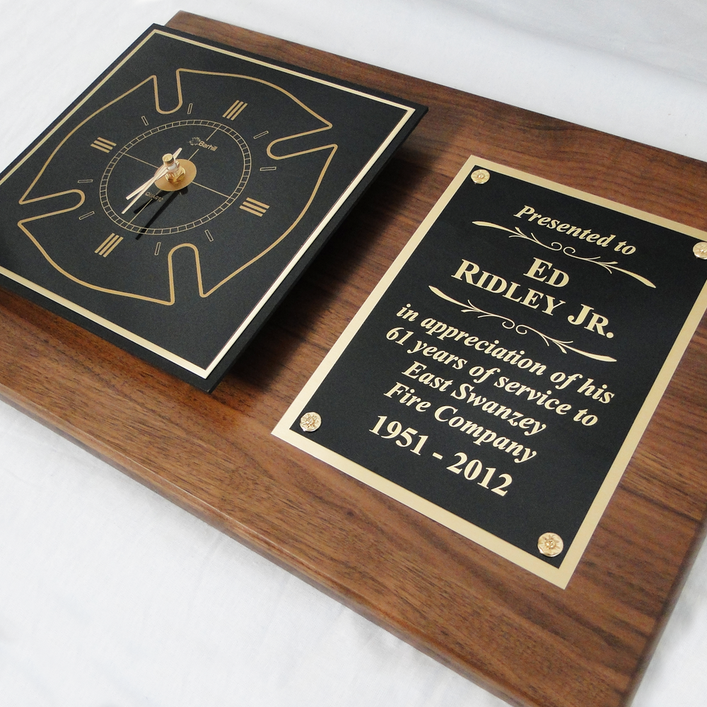 18" x 12" Walnut Firefighter Clock Award Plaque - Engraving, Awards & Gifts