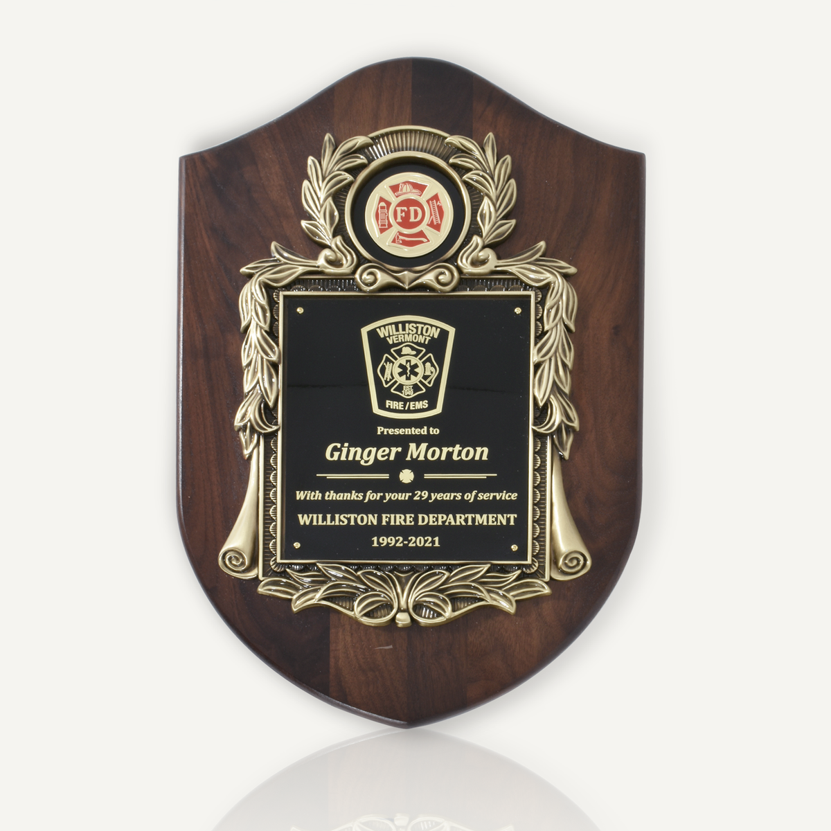 10 1/2" X 16" Genuine Walnut Engraved Firefighter Shield Plaque Award ...