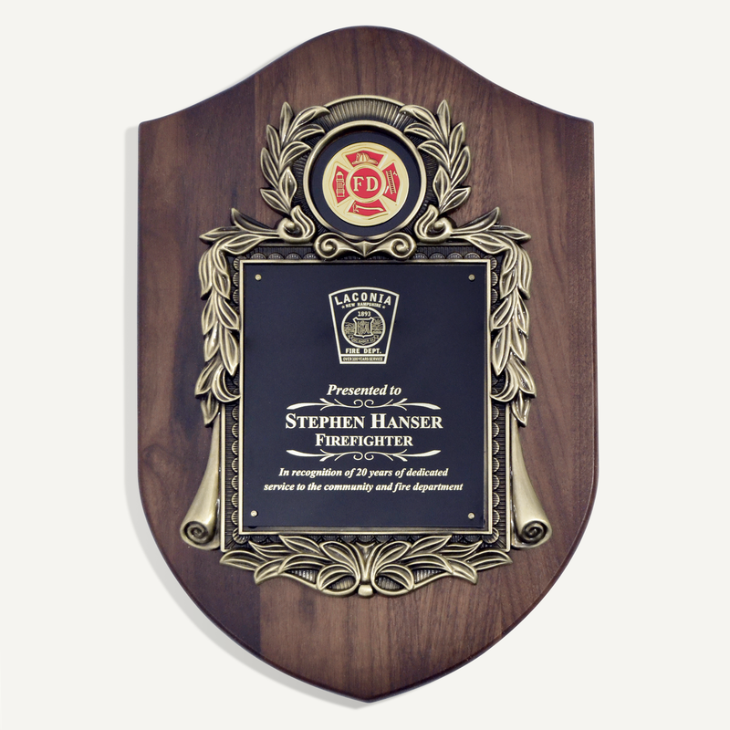 10 1/2" X 16" Genuine Walnut Engraved Firefighter Shield Plaque Award ...