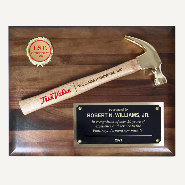 Walnut Plaque with Gold Plated Hammer - Engraving, Awards & Gifts