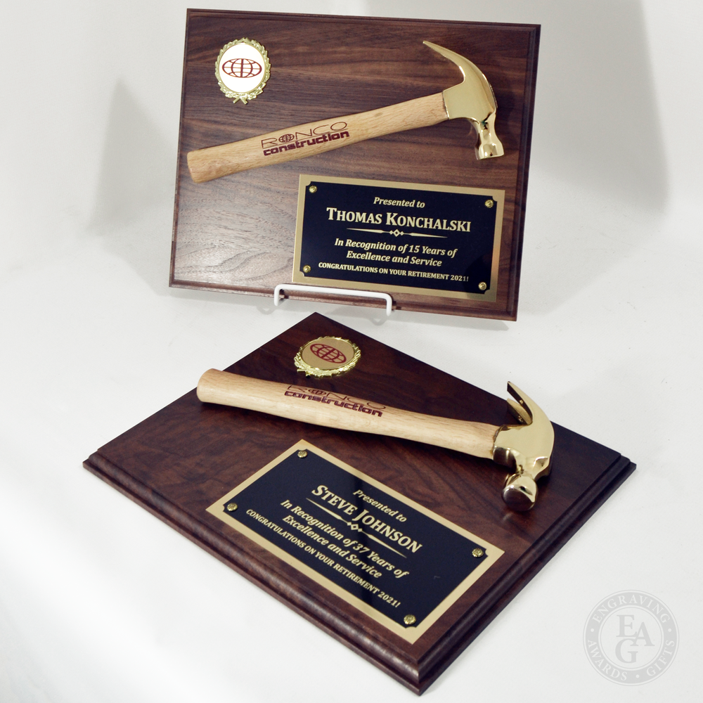 Walnut Plaque with Gold Plated Hammer - Engraving, Awards & Gifts